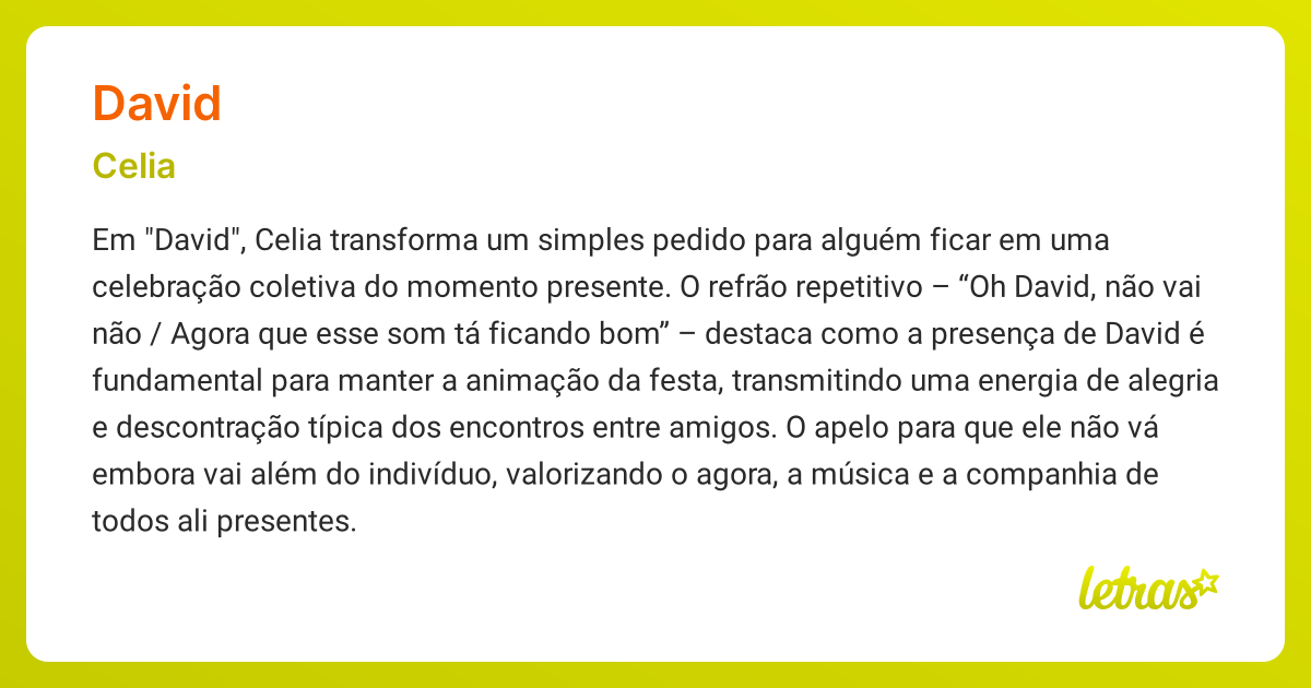 Significado da música DAVID (Celia) - LETRAS.MUS.BR