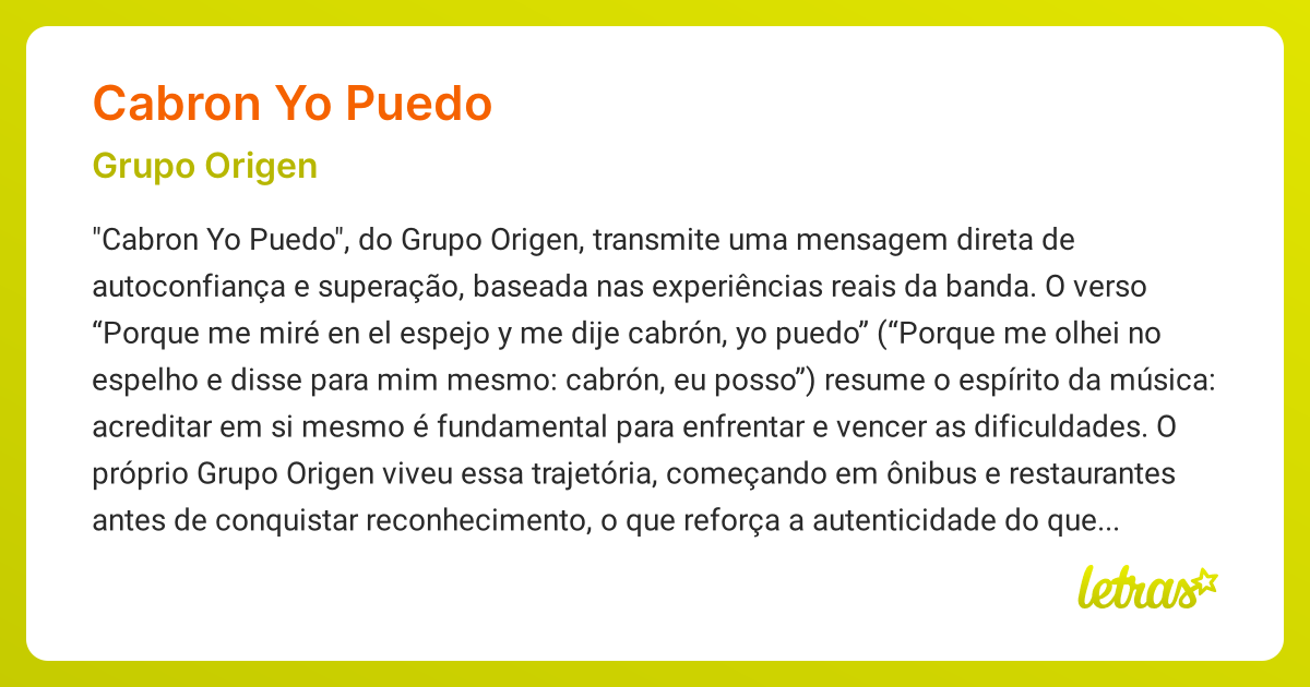 Significado da música CABRON YO PUEDO (Grupo Origen) - LETRAS.MUS.BR