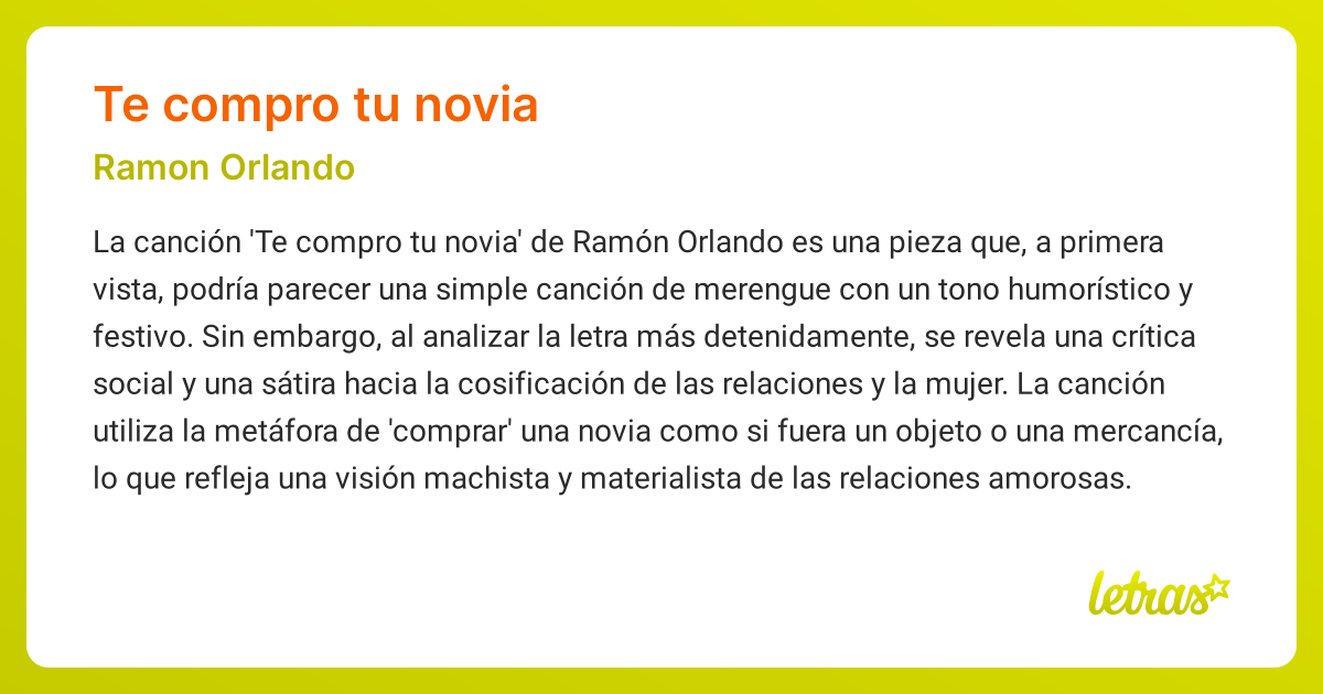 Significado de la canción TE COMPRO TU NOVIA (Ramon Orlando) - LETRAS.COM