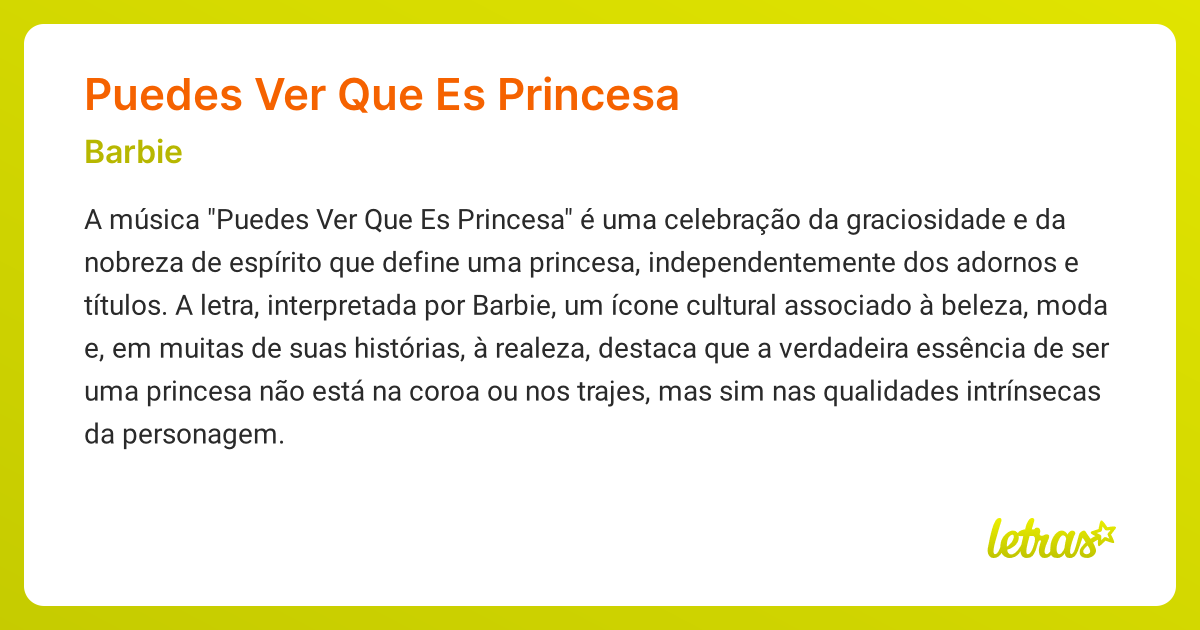Significado da música PUEDES VER QUE ES PRINCESA (Barbie) - LETRAS.MUS.BR