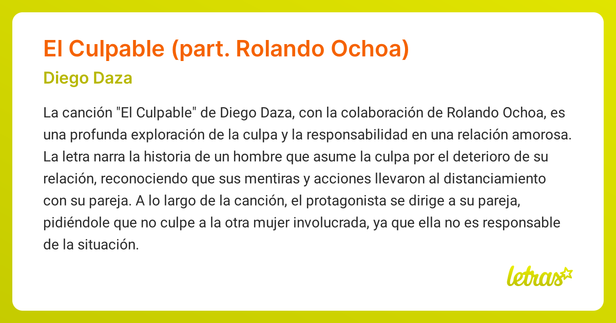 Significado de la canción El Culpable (part. Rolando Ochoa) (Diego Daza ...