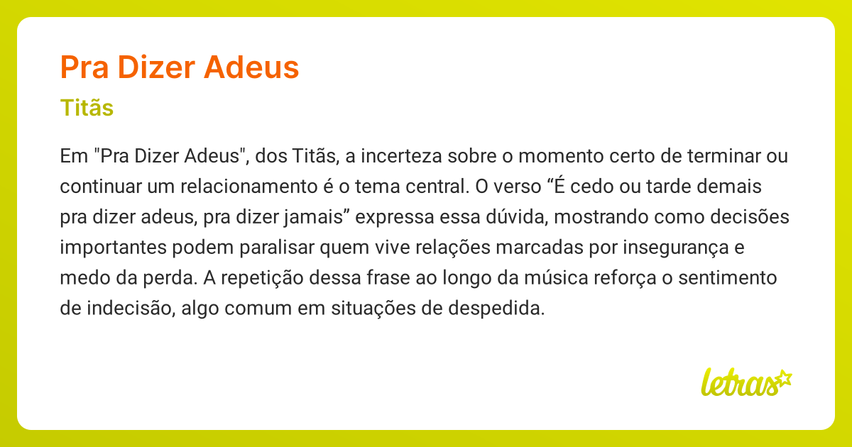 Significado da música PRA DIZER ADEUS (Titãs) - LETRAS.MUS.BR