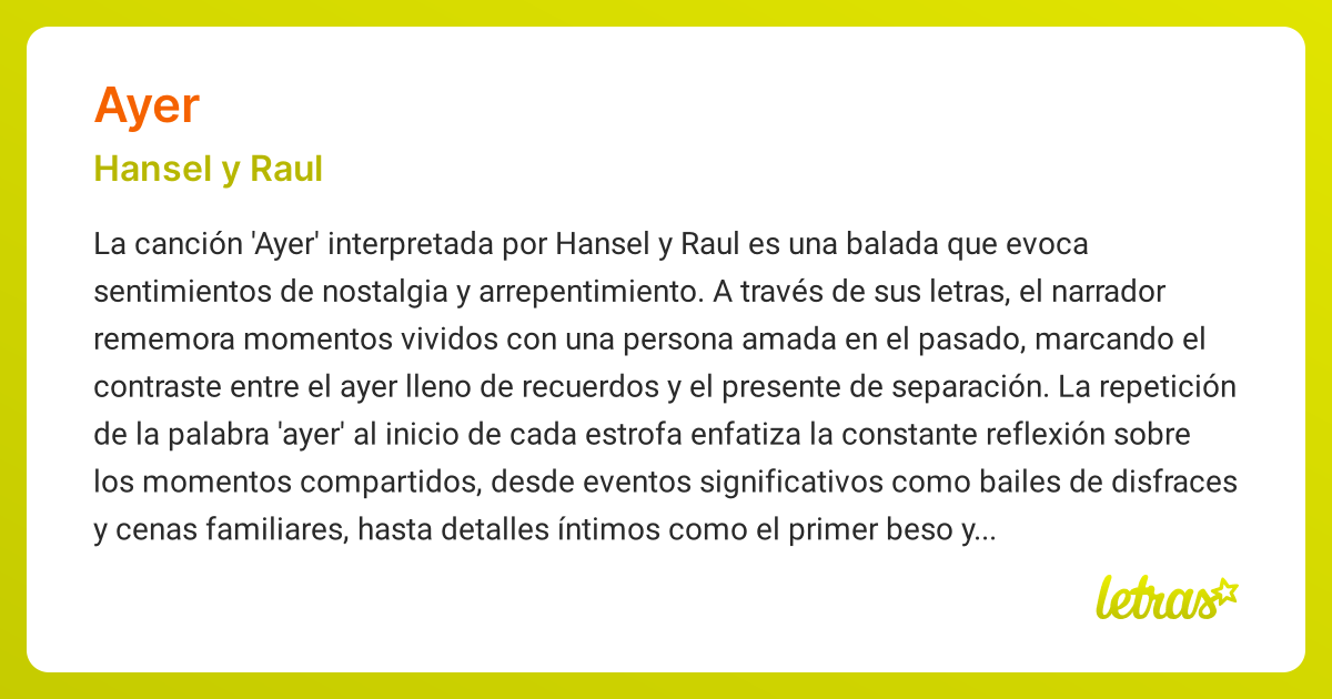 Significado de la canción AYER (Hansel y Raul) - LETRAS.COM