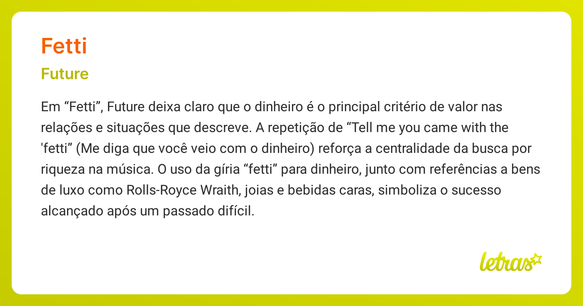 Significado da música FETTI (Future) - LETRAS.MUS.BR