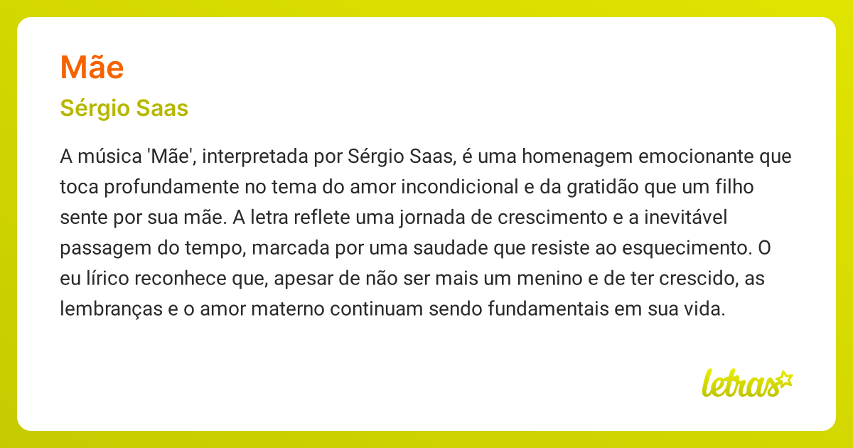 Significado da música MÃE (Sérgio Saas) - LETRAS.MUS.BR