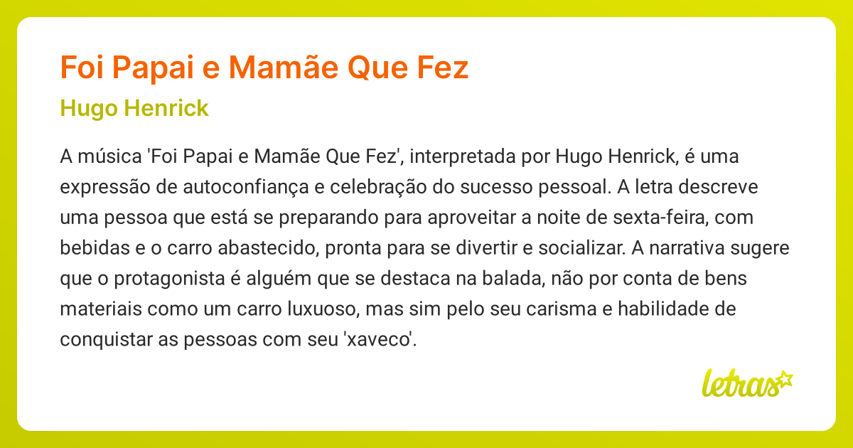Significado da música FOI PAPAI E MAMÃE QUE FEZ (Hugo Henrick) - LETRAS ...