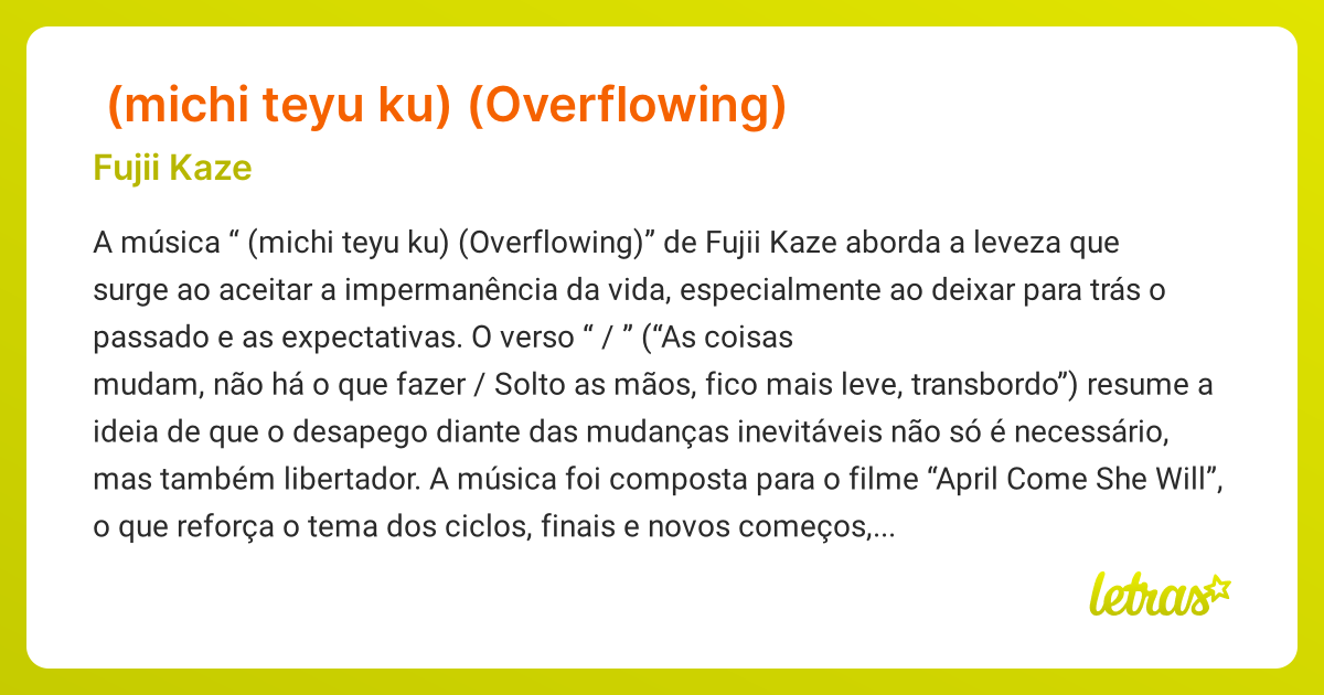 Significado da música 満ちてゆく (michi teyu ku) (Overflowing) (Fujii Kaze ...