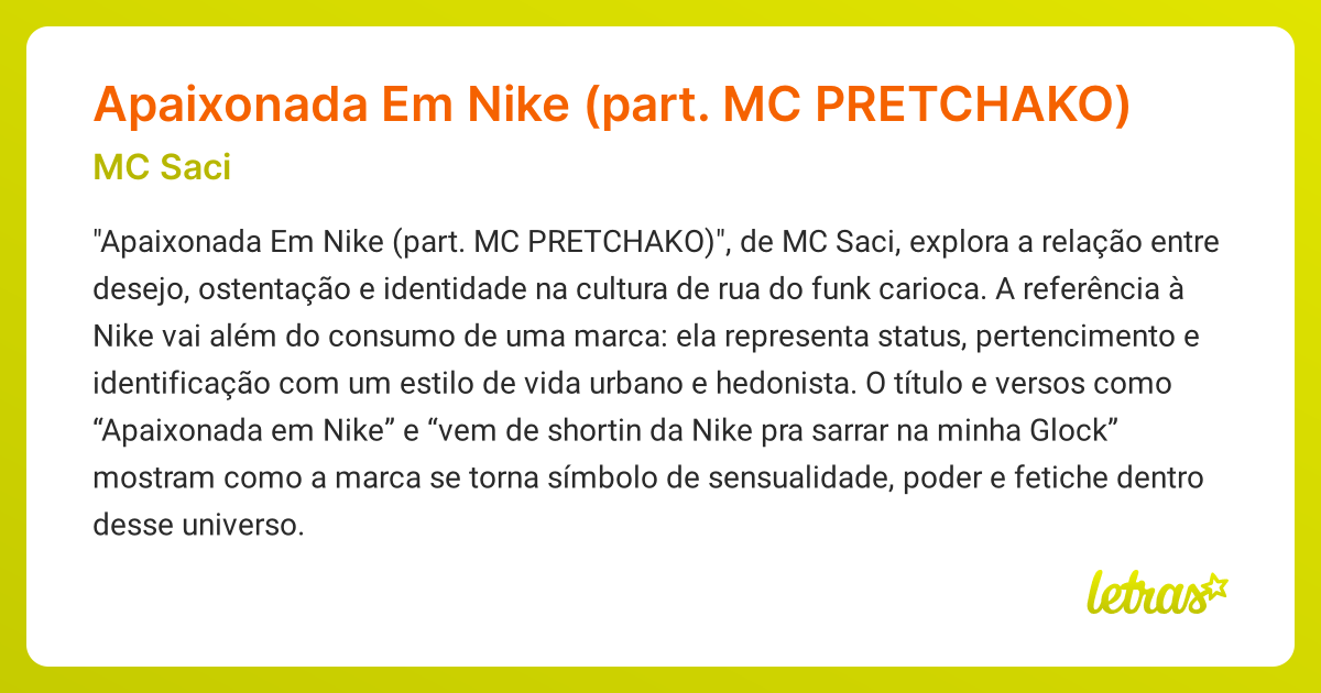 Significado da música Apaixonada Em Nike (part. MC PRETCHAKO) (MC Saci ...