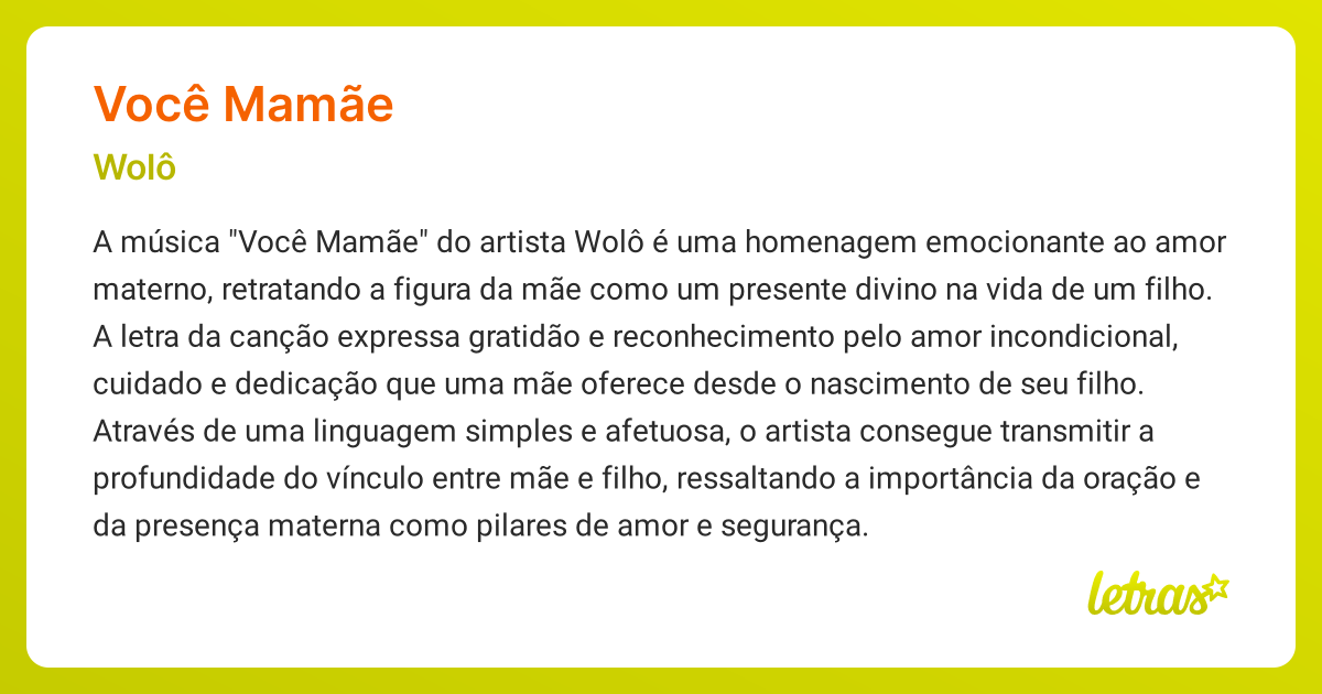 Significado da música VOCÊ MAMÃE (Wolô) - LETRAS.MUS.BR