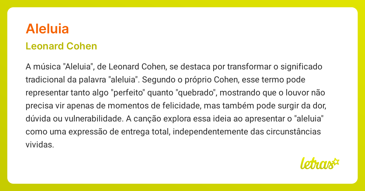 Significado da música ALELUIA (Leonard Cohen) - LETRAS.MUS.BR