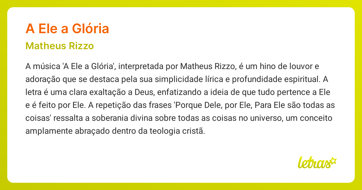 Significado da música A ELE A GLÓRIA (Matheus Rizzo) - LETRAS.MUS.BR
