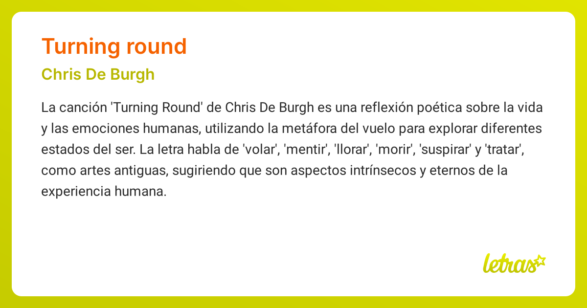 Significado de la canción TURNING ROUND (Chris De Burgh) - LETRAS.COM