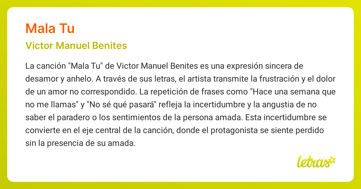 Significado de la canción MALA TU (Victor Manuel Benites) - LETRAS.COM