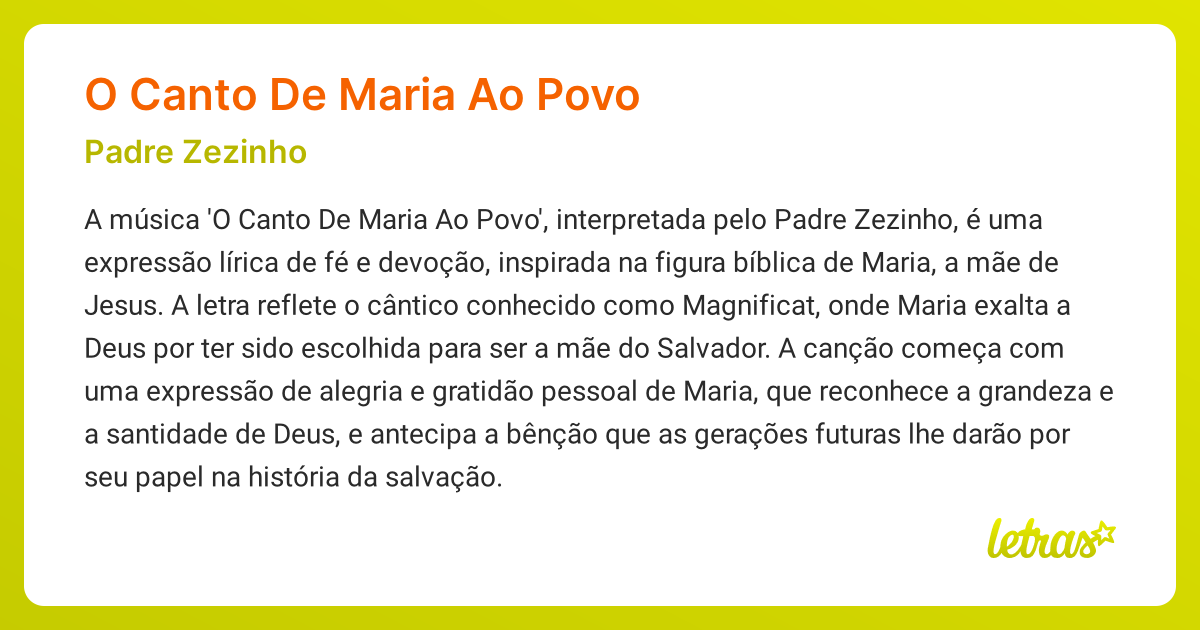 Significado da música O CANTO DE MARIA AO POVO (Padre Zezinho) - LETRAS ...