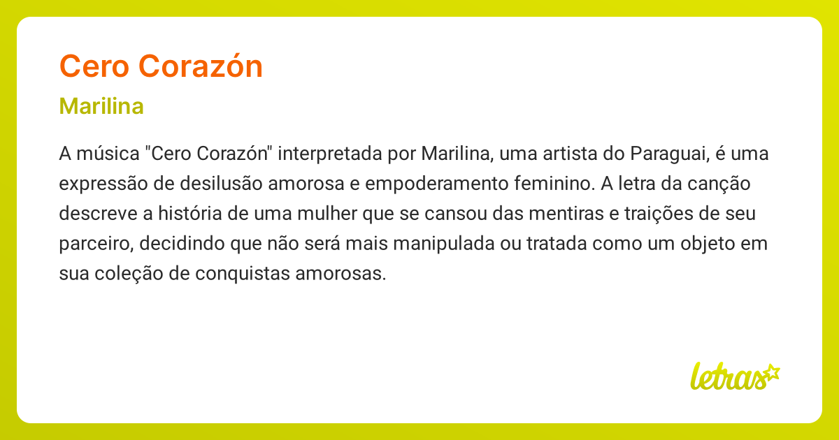 Significado da música CERO CORAZÓN (Marilina) - LETRAS.MUS.BR