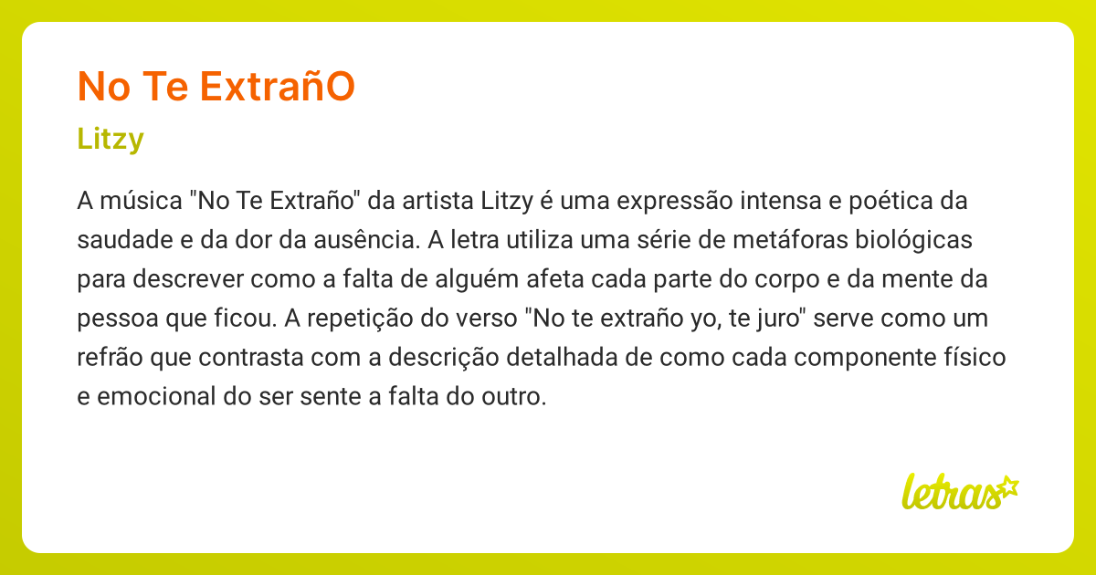 Significado da música NO TE EXTRAÑO (Litzy) - LETRAS.MUS.BR