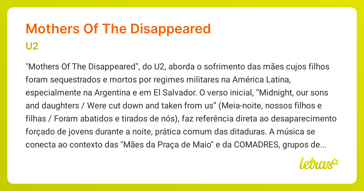 Significado da música MOTHERS OF THE DISAPPEARED (U2) - LETRAS.MUS.BR