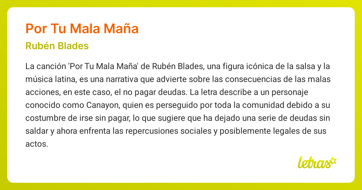 Significado de la canción POR TU MALA MAÑA (Rubén Blades) - LETRAS.COM