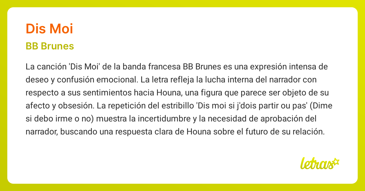 Significado de la canción DIS MOI (BB Brunes) - LETRAS.COM