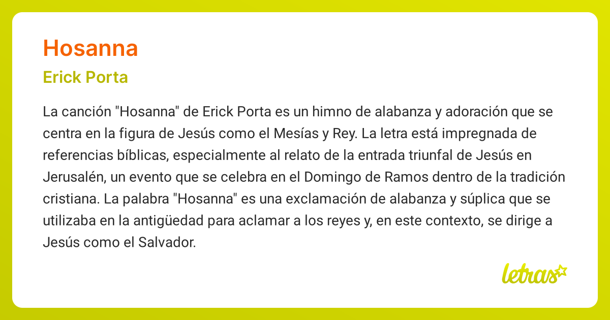 Significado de la canción HOSANNA (Erick Porta) - LETRAS.COM