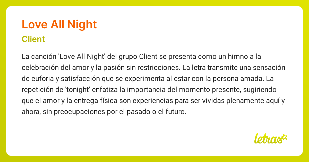 Significado de la canción LOVE ALL NIGHT (Client) - LETRAS.COM
