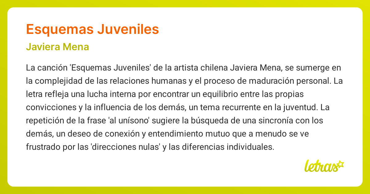 Significado de la canción ESQUEMAS JUVENILES (Javiera Mena) - LETRAS.COM