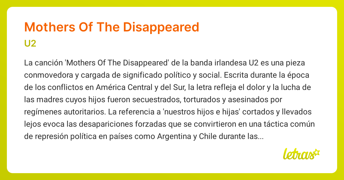 Significado de la canción MOTHERS OF THE DISAPPEARED (U2) - LETRAS.COM