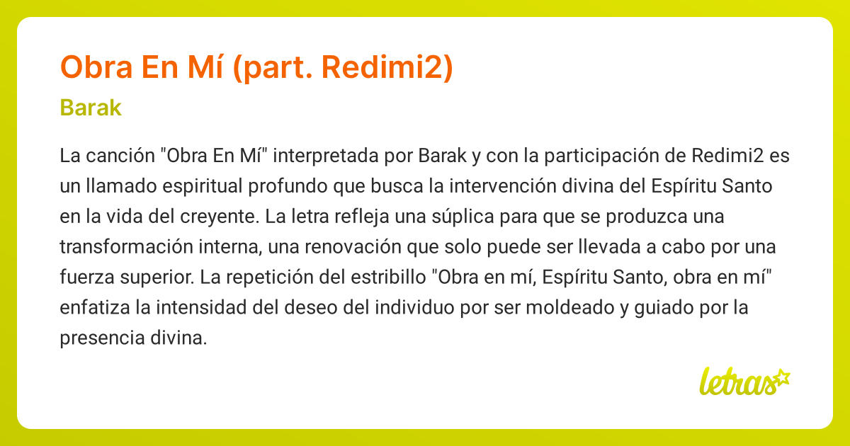 Significado de la canción OBRA EN MÍ (PART. REDIMI2) (Barak) - LETRAS.COM