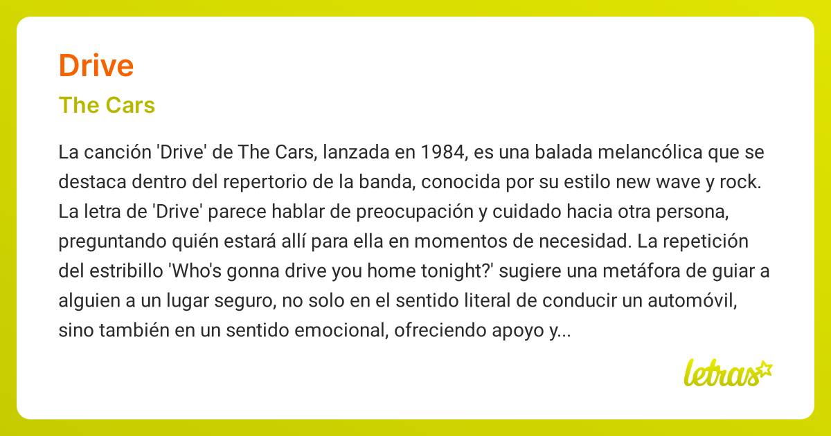 Significado de la canción DRIVE (The Cars) - LETRAS.COM