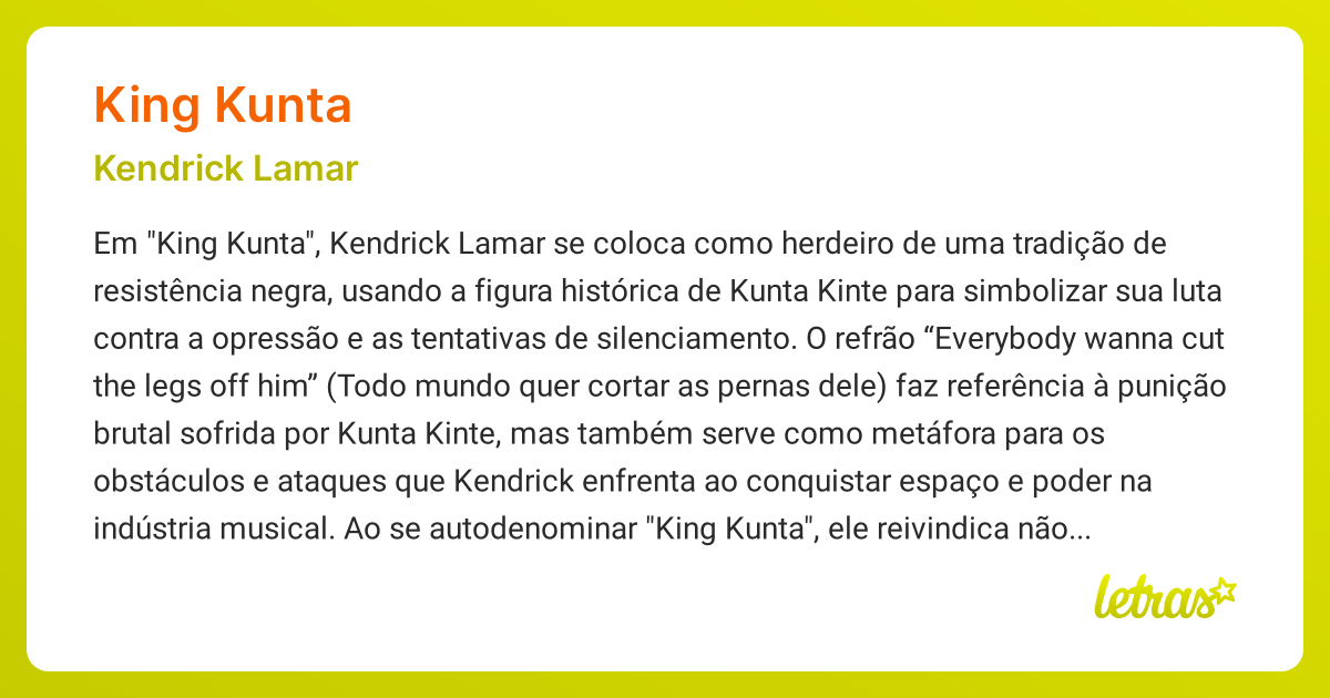 Significado da música KING KUNTA (Kendrick Lamar) - LETRAS.MUS.BR