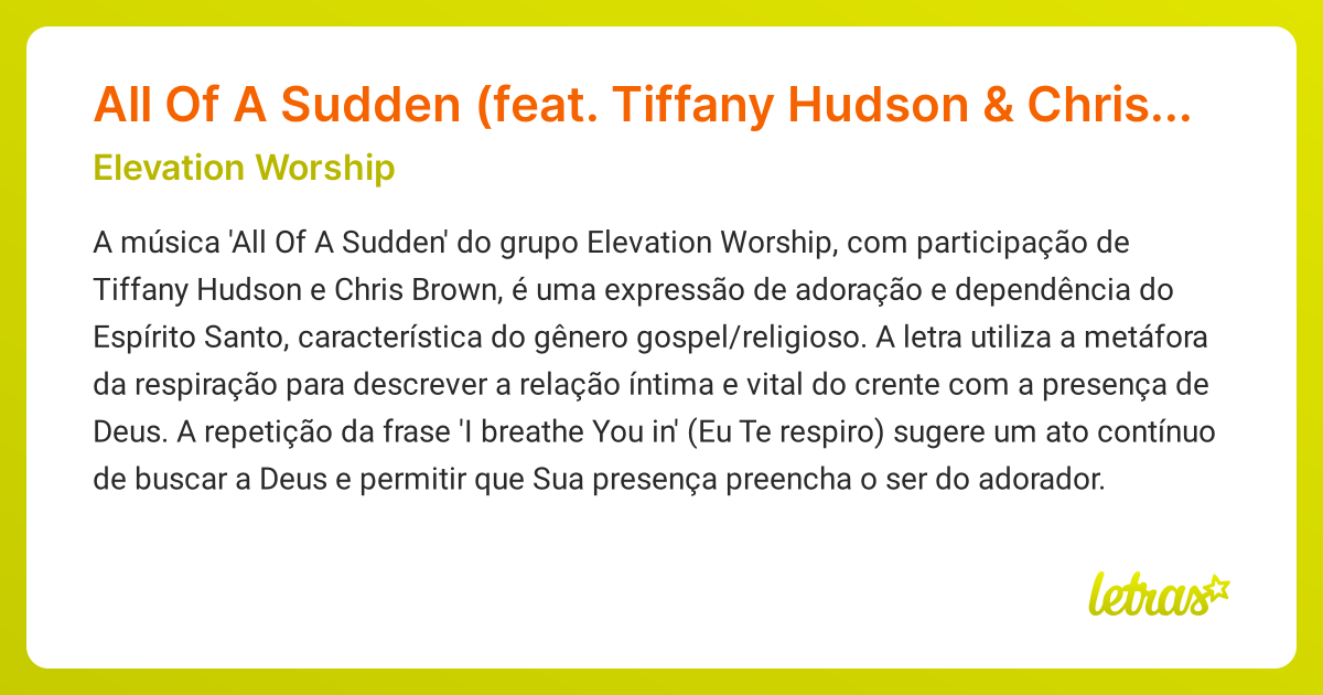 Significado da música All Of A Sudden (feat. Tiffany Hudson & Chris Brown) (Elevation Worship ...
