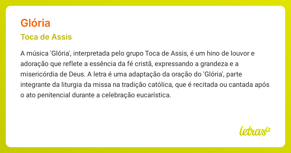 Significado da música GLÓRIA (Toca de Assis) - LETRAS.MUS.BR