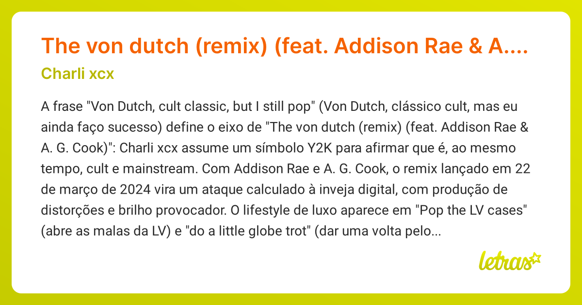 Significado da música The von dutch (remix) (feat. Addison Rae & A. G ...