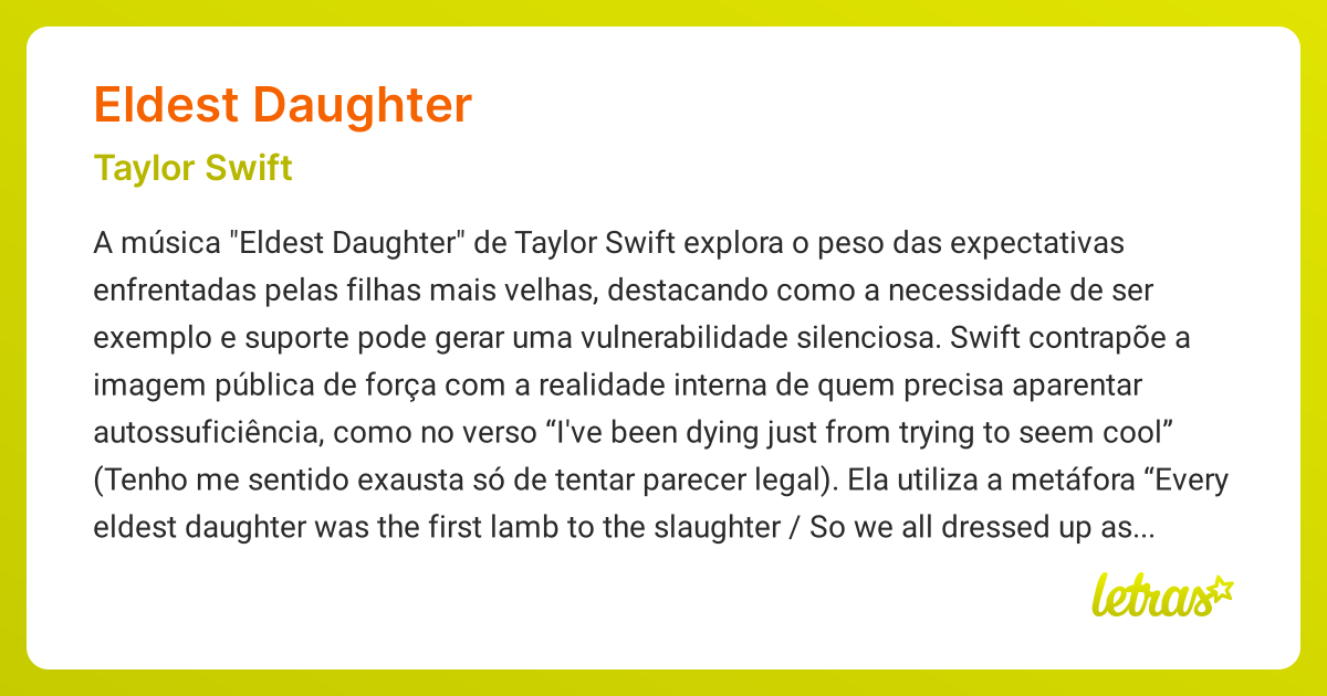 Significado da música ELDEST DAUGHTER (Taylor Swift) - LETRAS.MUS.BR