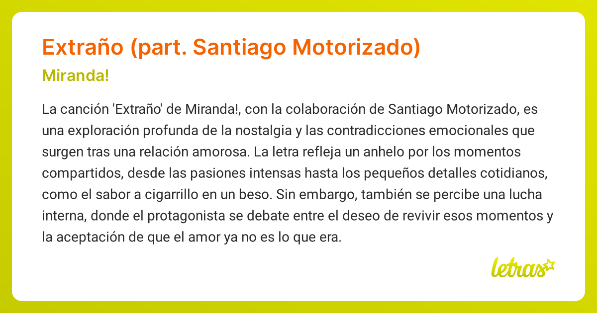 Significado de la canción Extraño (part. Santiago Motorizado) (Miranda ...