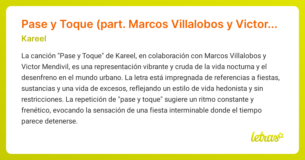 Significado de la canción Pase y Toque (part. Marcos Villalobos y ...