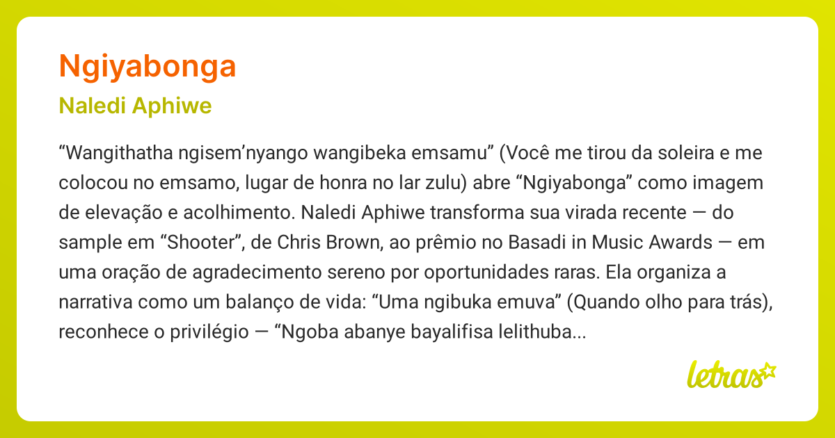 Significado da música NGIYABONGA (Naledi Aphiwe) - LETRAS.MUS.BR