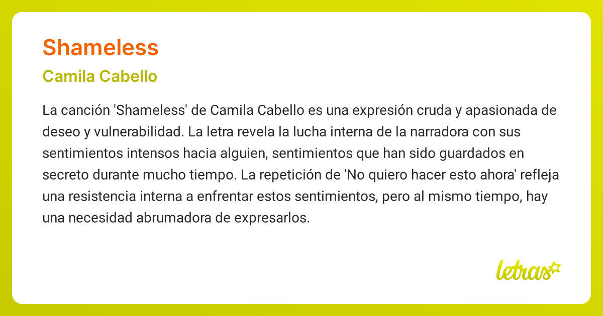 Significado de la canción SHAMELESS (Camila Cabello) - LETRAS.COM
