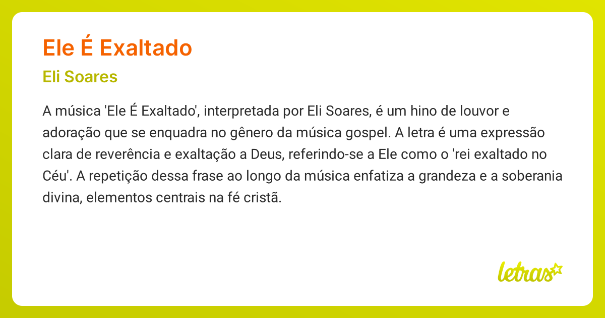 Significado da música ELE É EXALTADO (Eli Soares) - LETRAS.MUS.BR