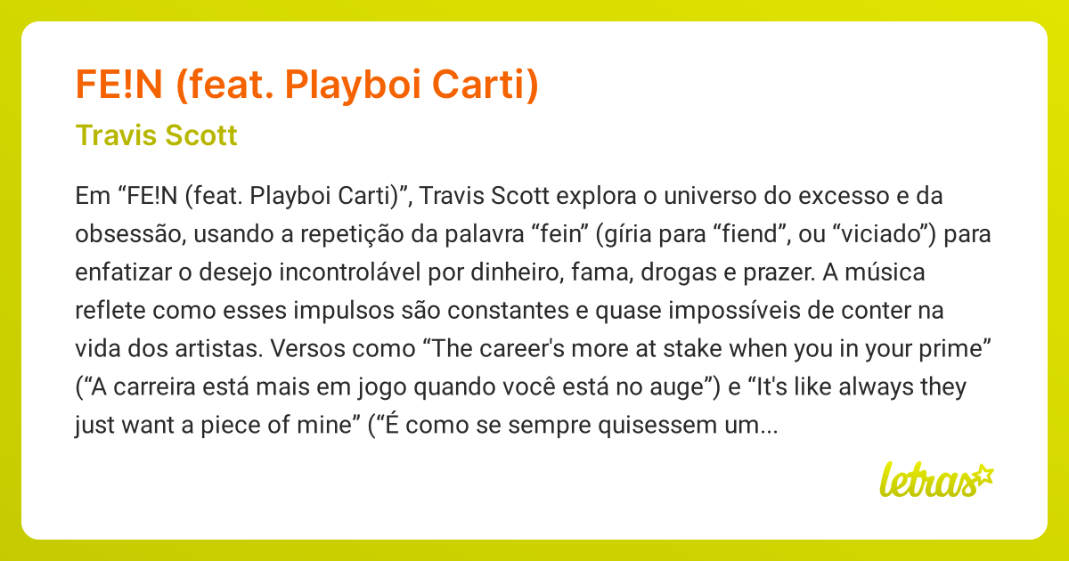 Significado da música FE!N (FEAT. PLAYBOI CARTI) (Travis Scott ...
