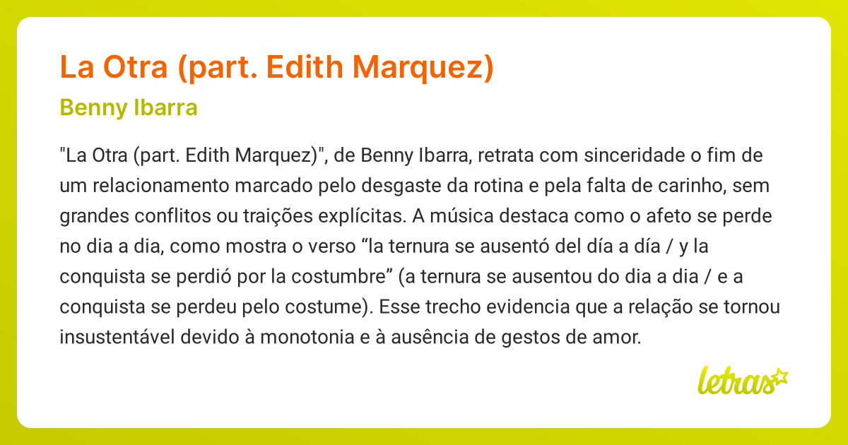Significado da música LA OTRA (PART. EDITH MARQUEZ) (Benny Ibarra ...