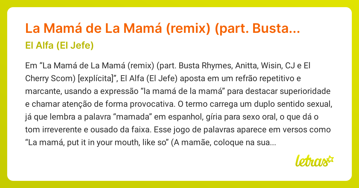 Significado da música La Mamá de La Mamá (remix) (part. Busta Rhymes ...