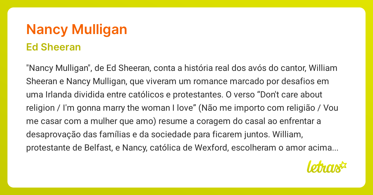 Significado da música NANCY MULLIGAN (Ed Sheeran) - LETRAS.MUS.BR