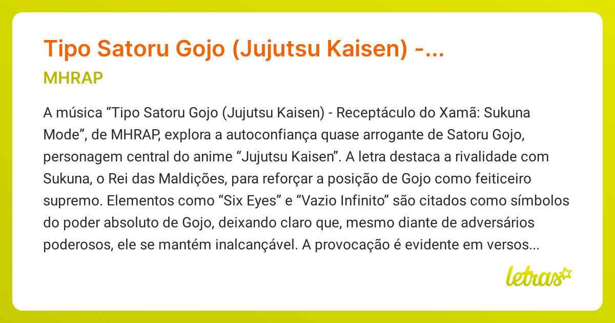 Significado da música Tipo Satoru Gojo (Jujutsu Kaisen) - Receptáculo ...