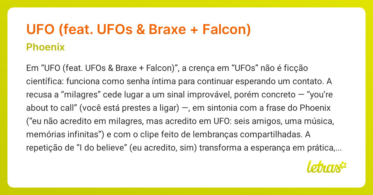 Significado da música UFO (feat. UFOs & Braxe + Falcon) (Phoenix ...