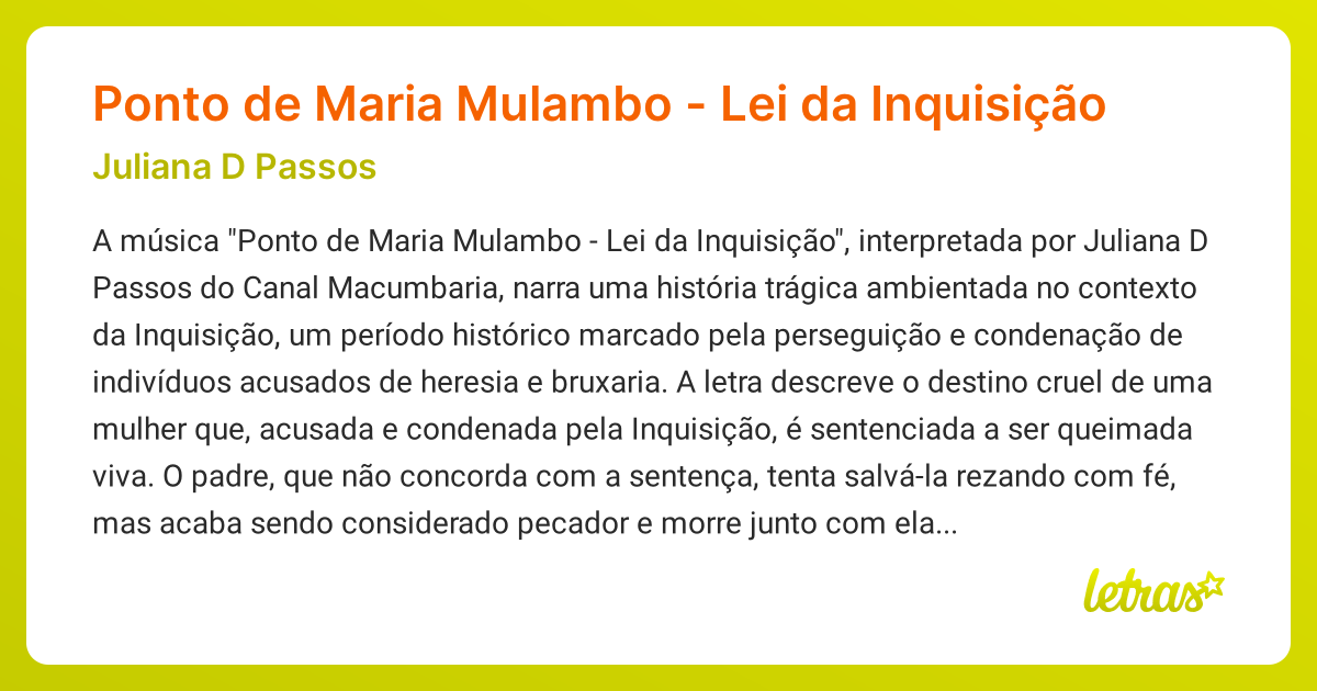 Significado da música Ponto de Maria Mulambo - Lei da Inquisição ...