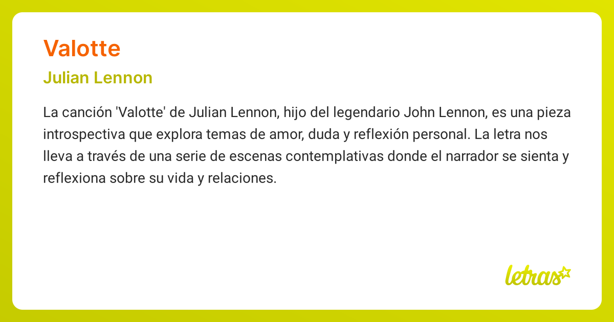 Significado de la canción VALOTTE (Julian Lennon) - LETRAS.COM