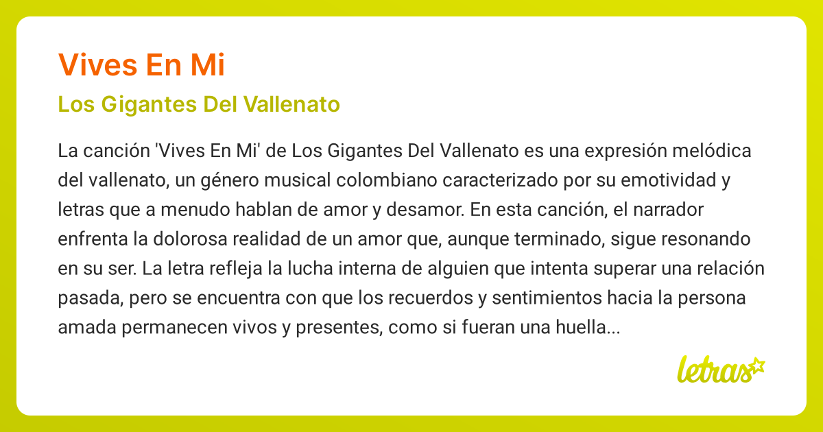 Significado de la canción VIVES EN MI (Los Gigantes Del Vallenato ...
