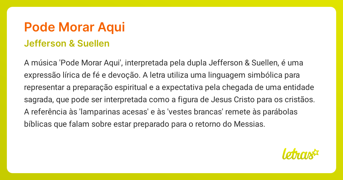 Significado da música PODE MORAR AQUI (Jefferson & Suellen) - LETRAS.MUS.BR