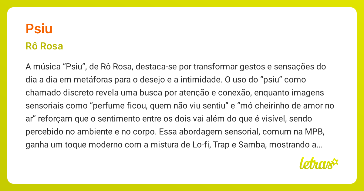 Significado da música PSIU (Rô Rosa) - LETRAS.MUS.BR